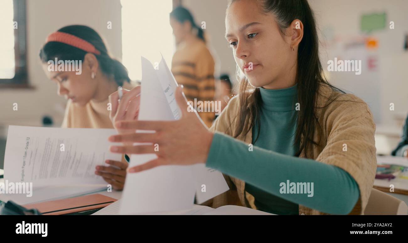 Education, school and students with notes in classroom with studying ...