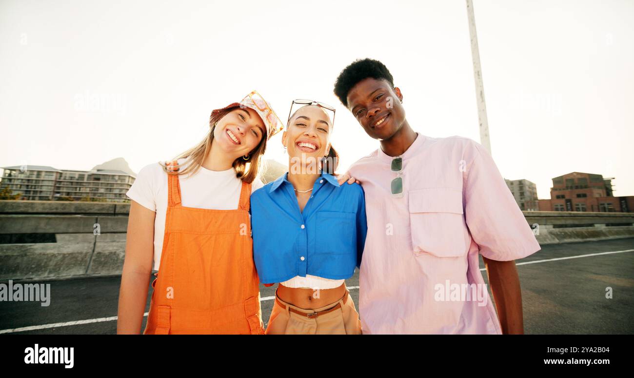 Bridge, hug and friends in portrait for fashion, streetwear and bonding ...