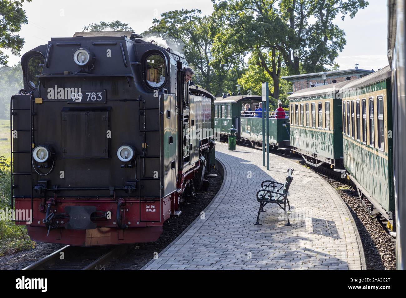 Rear view of a steam locomotive pulling wagons on rails, Ruegen ...