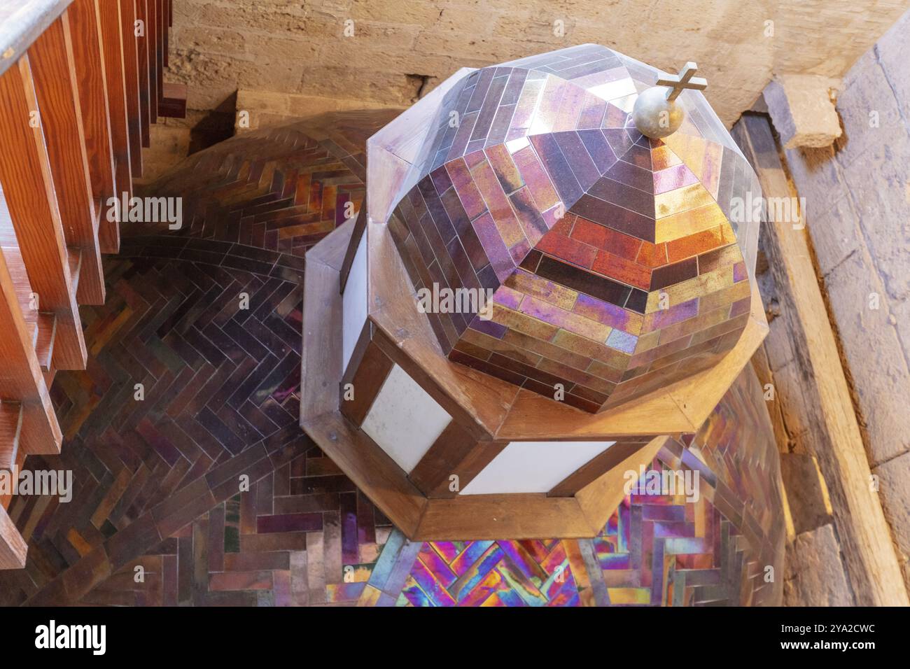Colourful church dome with stained glass and a cross, geometric ...