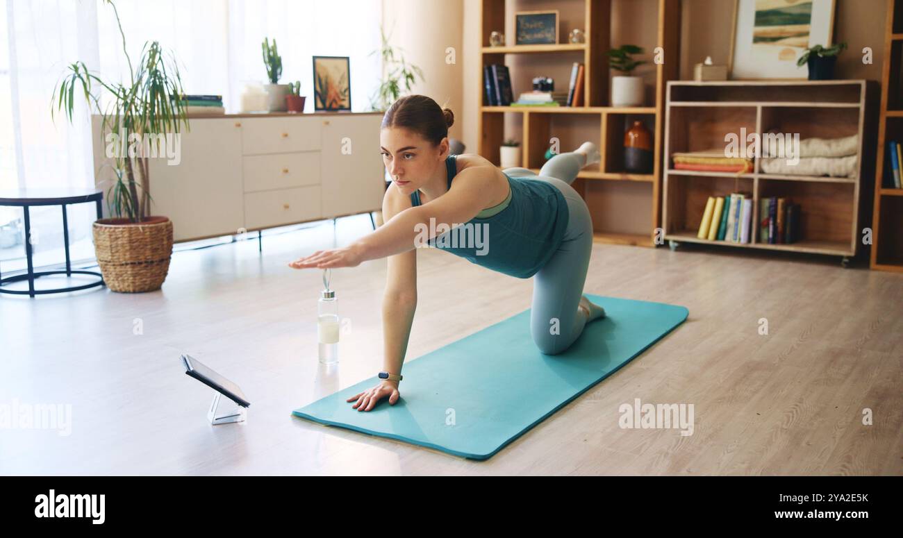 Yoga, stretching and woman on tablet for balance, healthy body and ...