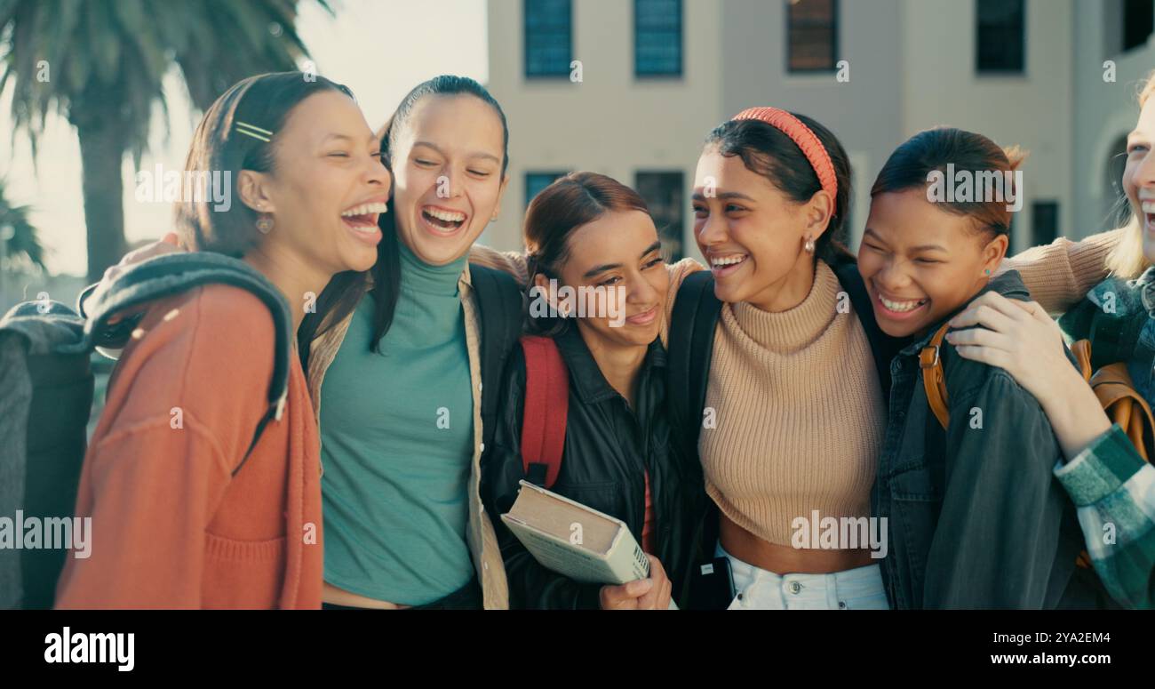 Friends, girls and students with backpack laughing together at campus for funny conversation and ...