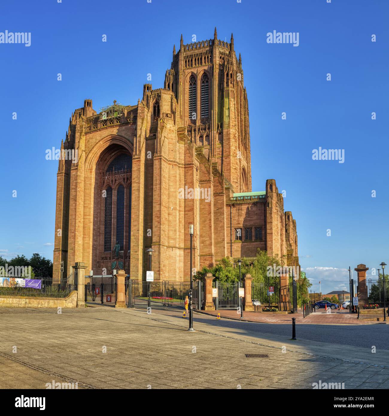 Gothic cathedral against a clear blue sky and historic flair, Liverpool ...
