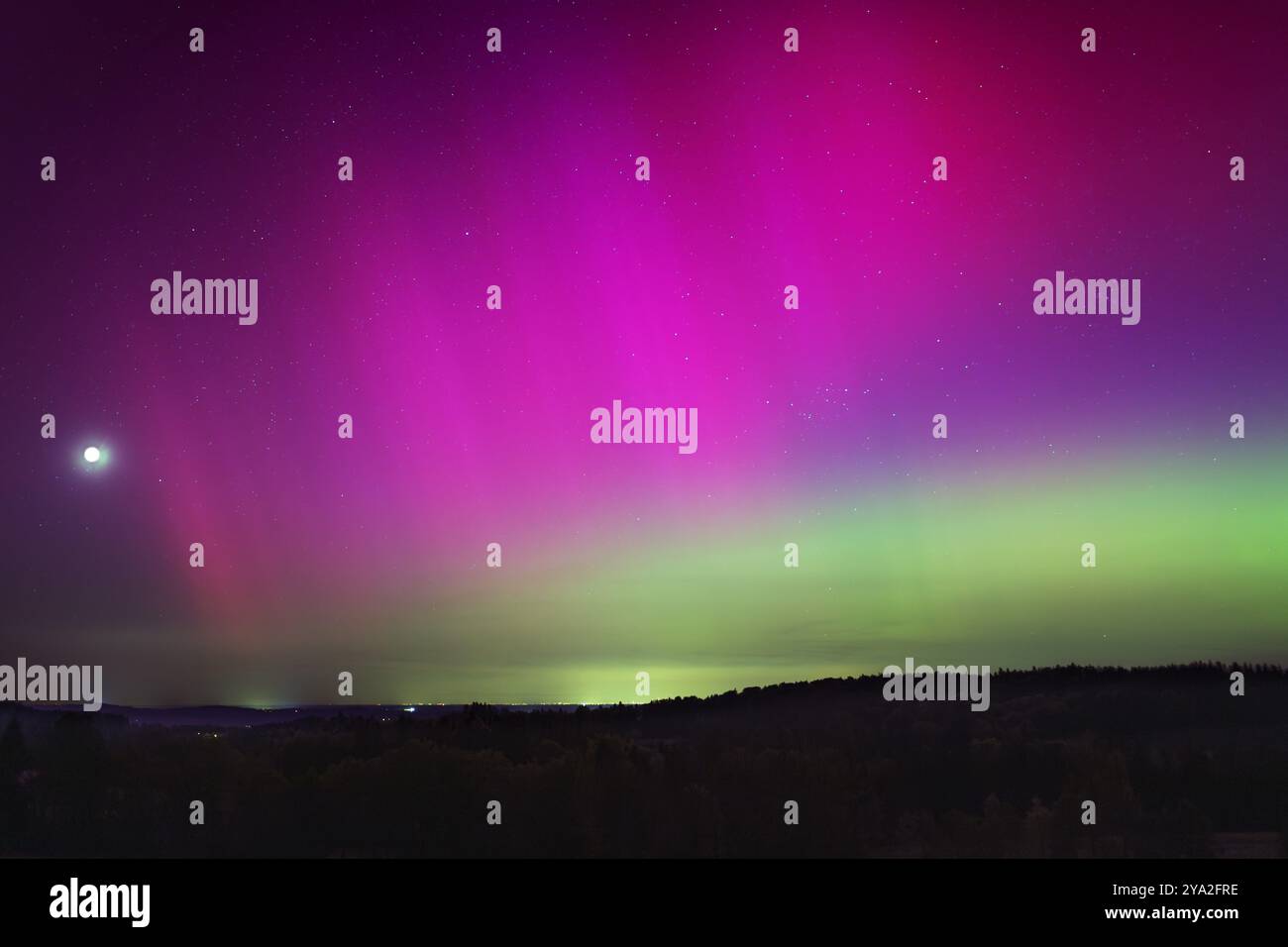 Bright aurora borealis with violet and green colours over a calm ...