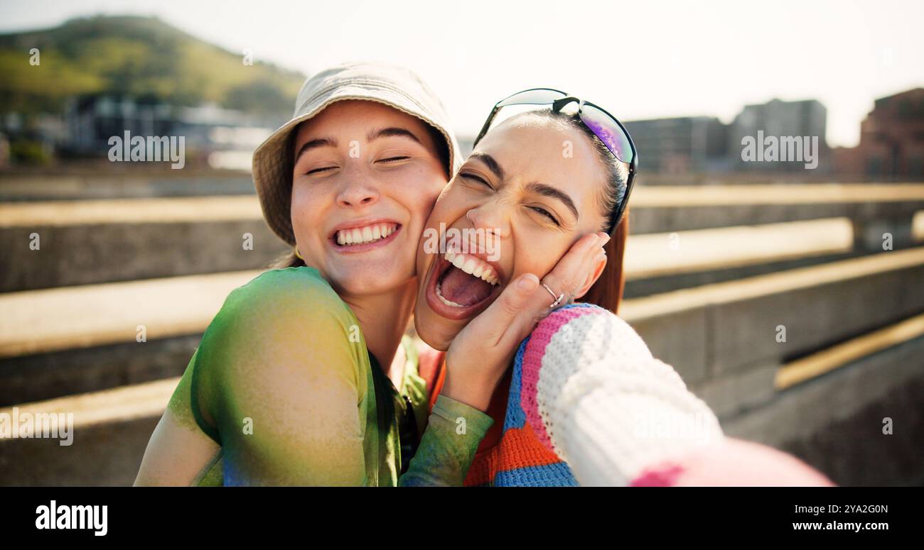 City, selfie and excited women hug, smile and laugh with cool ...