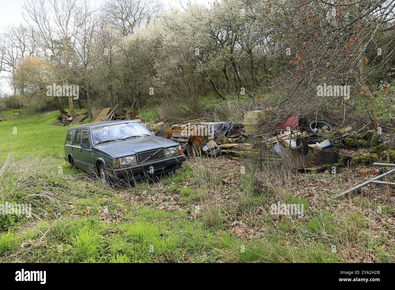 Old car was dumped in a meadow Stock Photo - Alamy