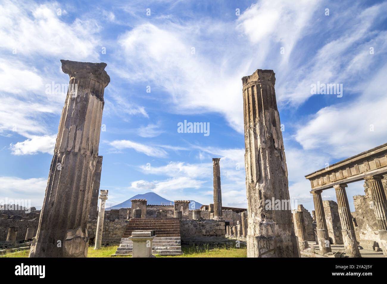 Pompeii in Italy, ruins of the antique Temple of Apollo with bronze ...