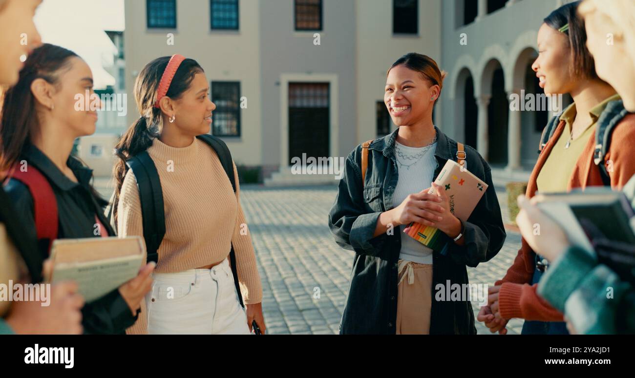 Friends, students and girls at university with talking in circle for ...