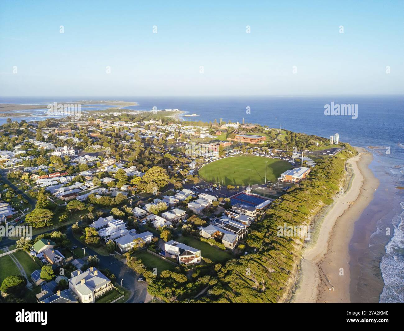 Aerial views of Queenscliff at dusk on a summer's day on the Bellarine Peninsula, Victoria ...