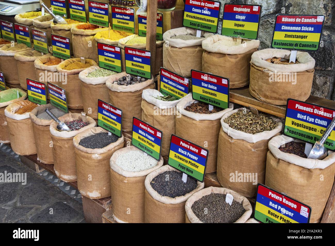 Spices, fruit and vegetable market, market hall, old town, Port Louis ...