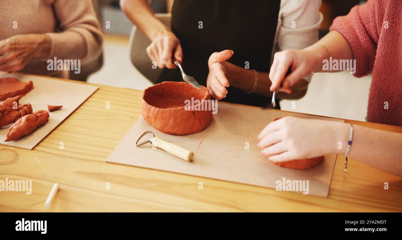 Pottery class, hands and people with clay sculpture for molding texture ...