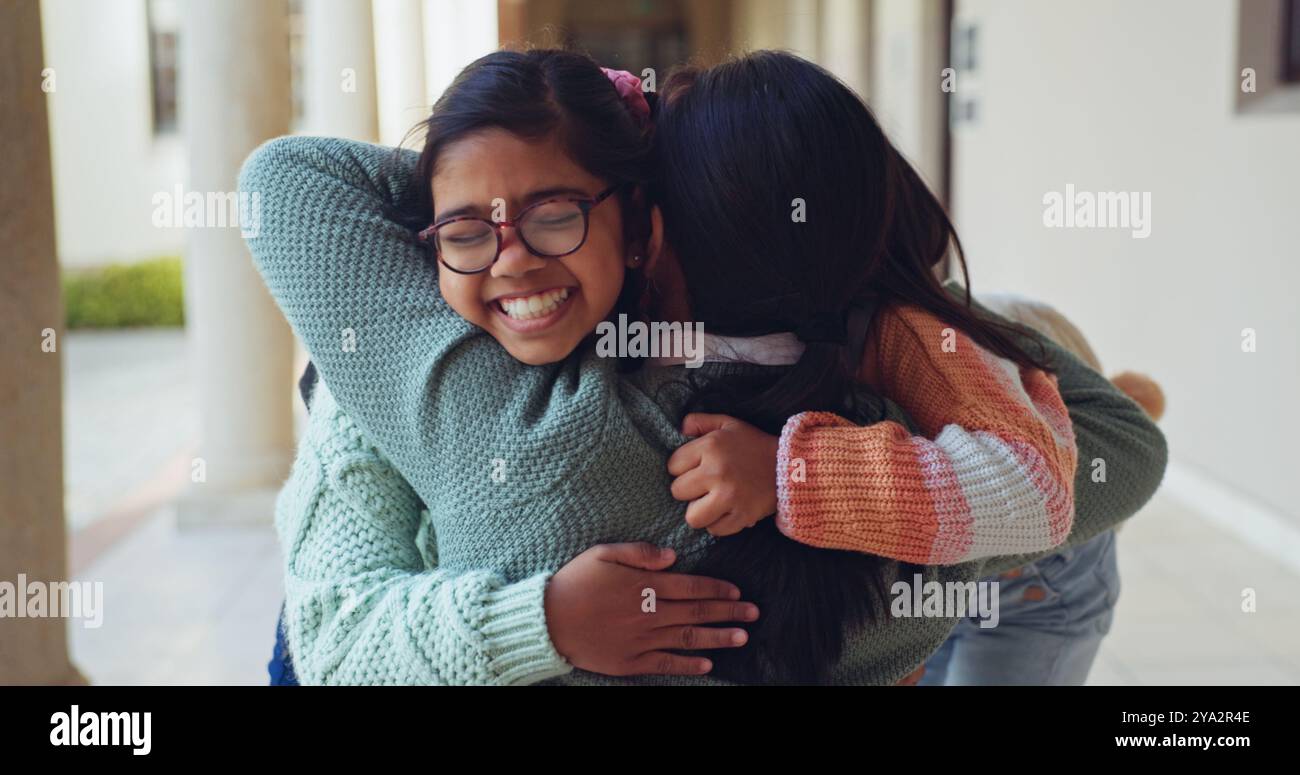 Children, excited and parent at school for hug, goodbye and ...