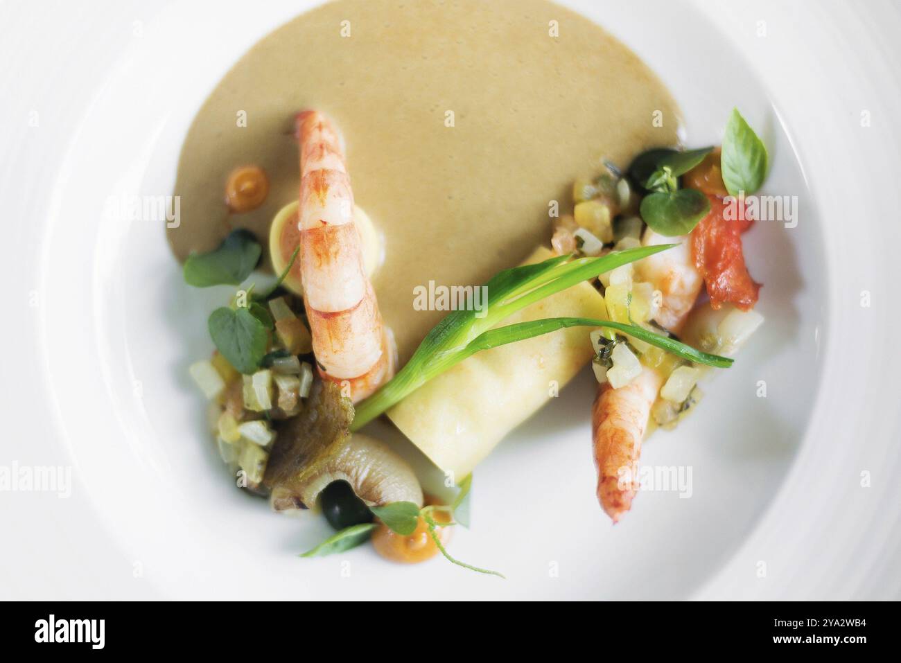 Prawns with grilled vegetables, prawn mousse roll and wild mushroom ...