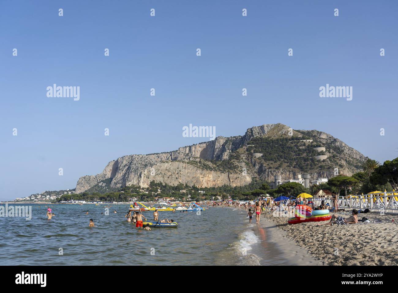 Mondello, Italy, July 17, 2023: People at popular Mondello Beach ...