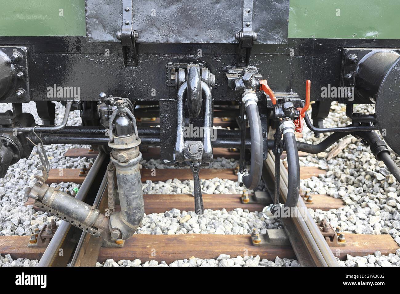 Coupling and air pipe on an old railway carriage Stock Photo - Alamy