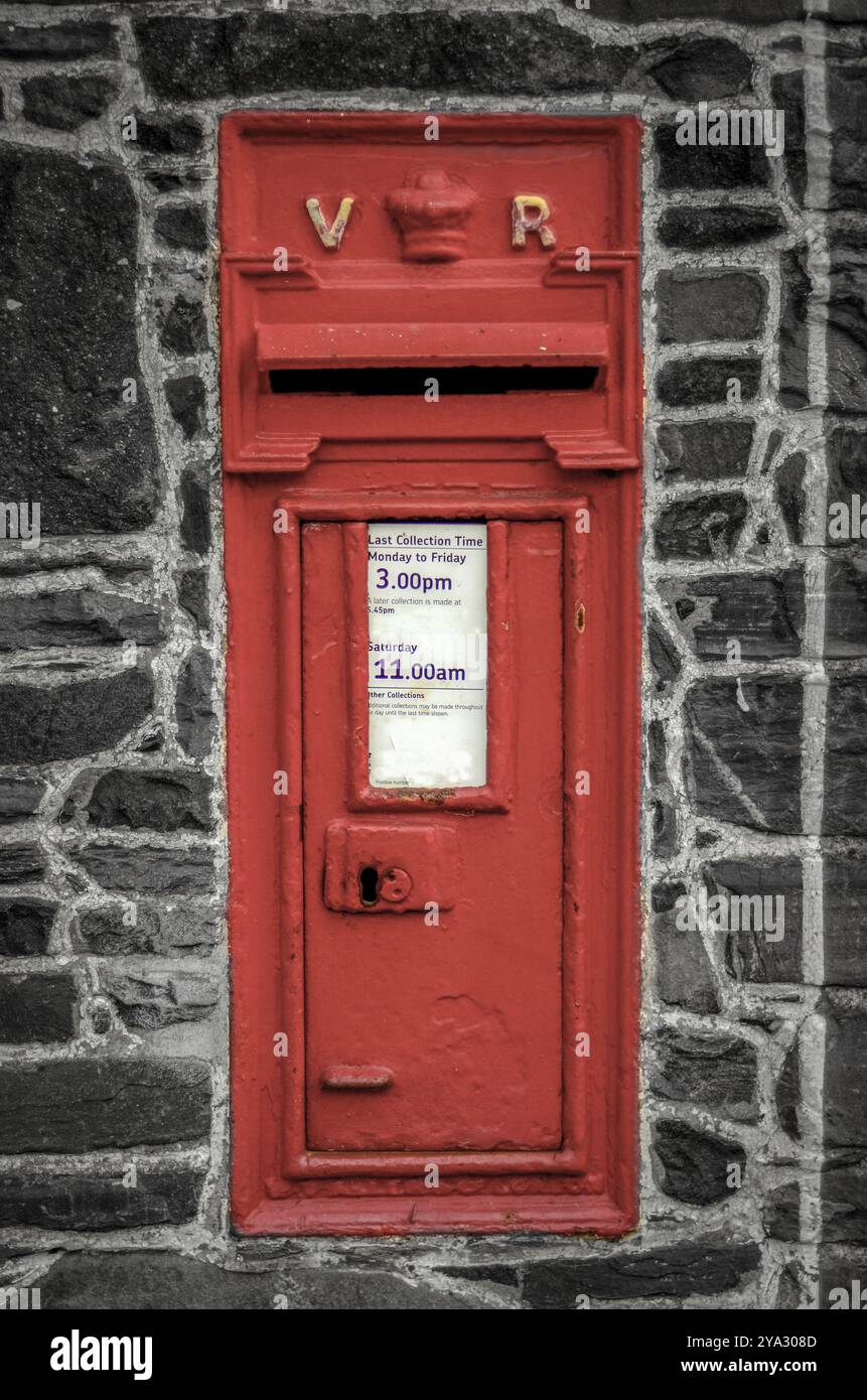 Vintage Red British Post Box In Black And White Stone Wall Stock Photo ...