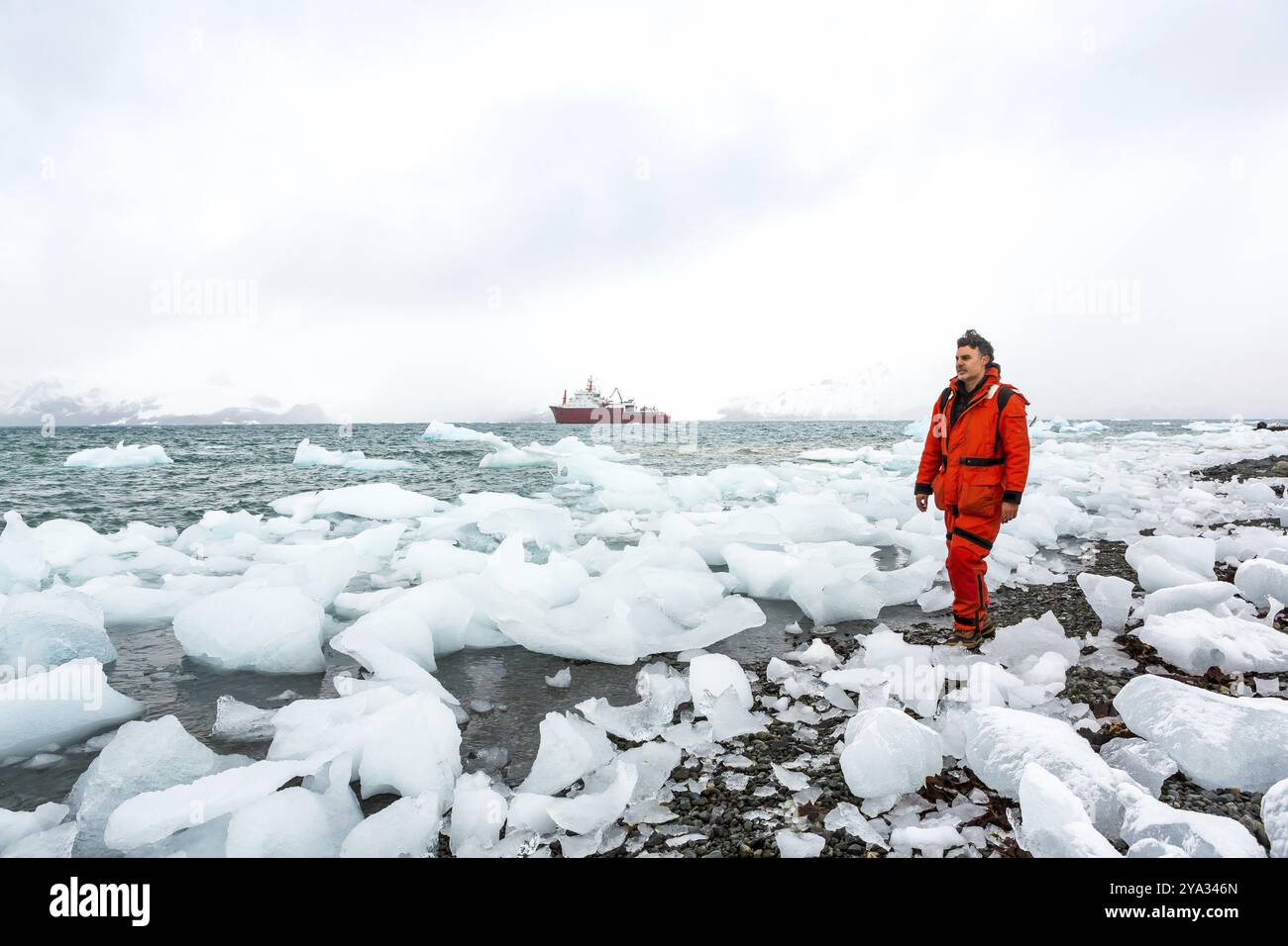 Man walks through ice and snow in Antarctica. Icebergs and everything ...