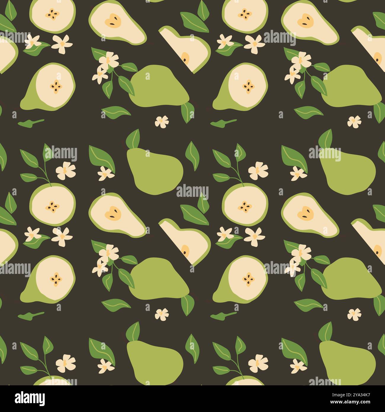Hand drawn abstract bright fruit pear pattern with plant parts and ...