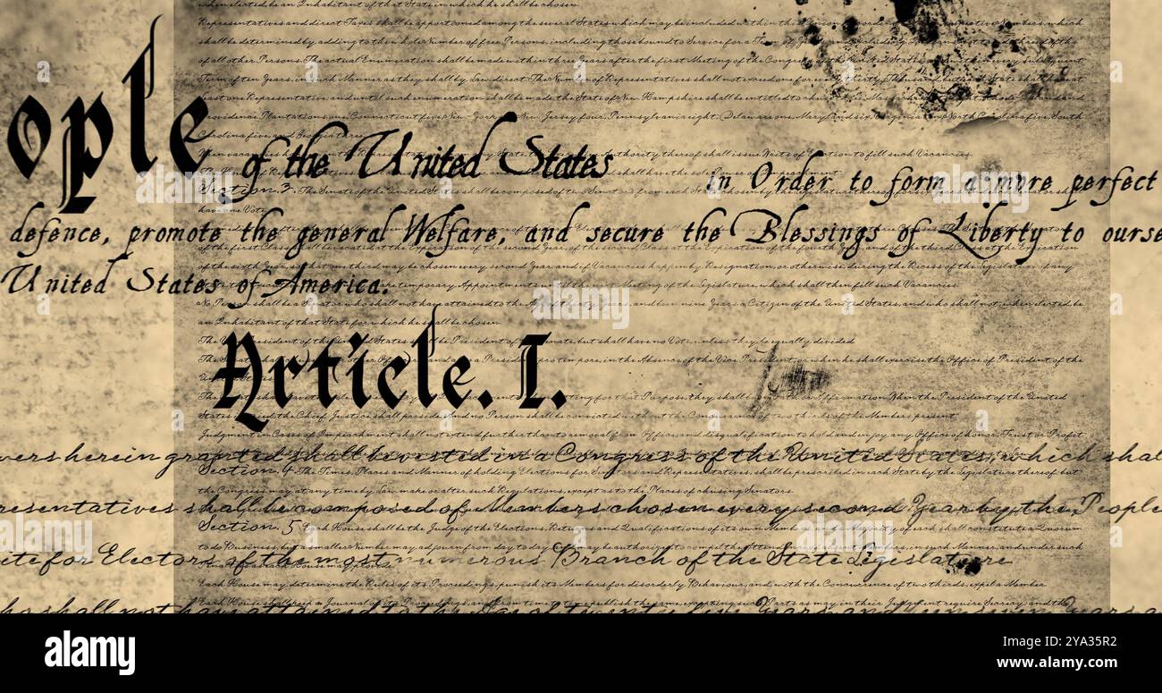 Digital image of written constitution of the United States moving in ...