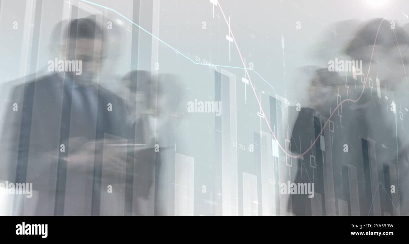 Image of fast walking people with financial data and graphs in the ...