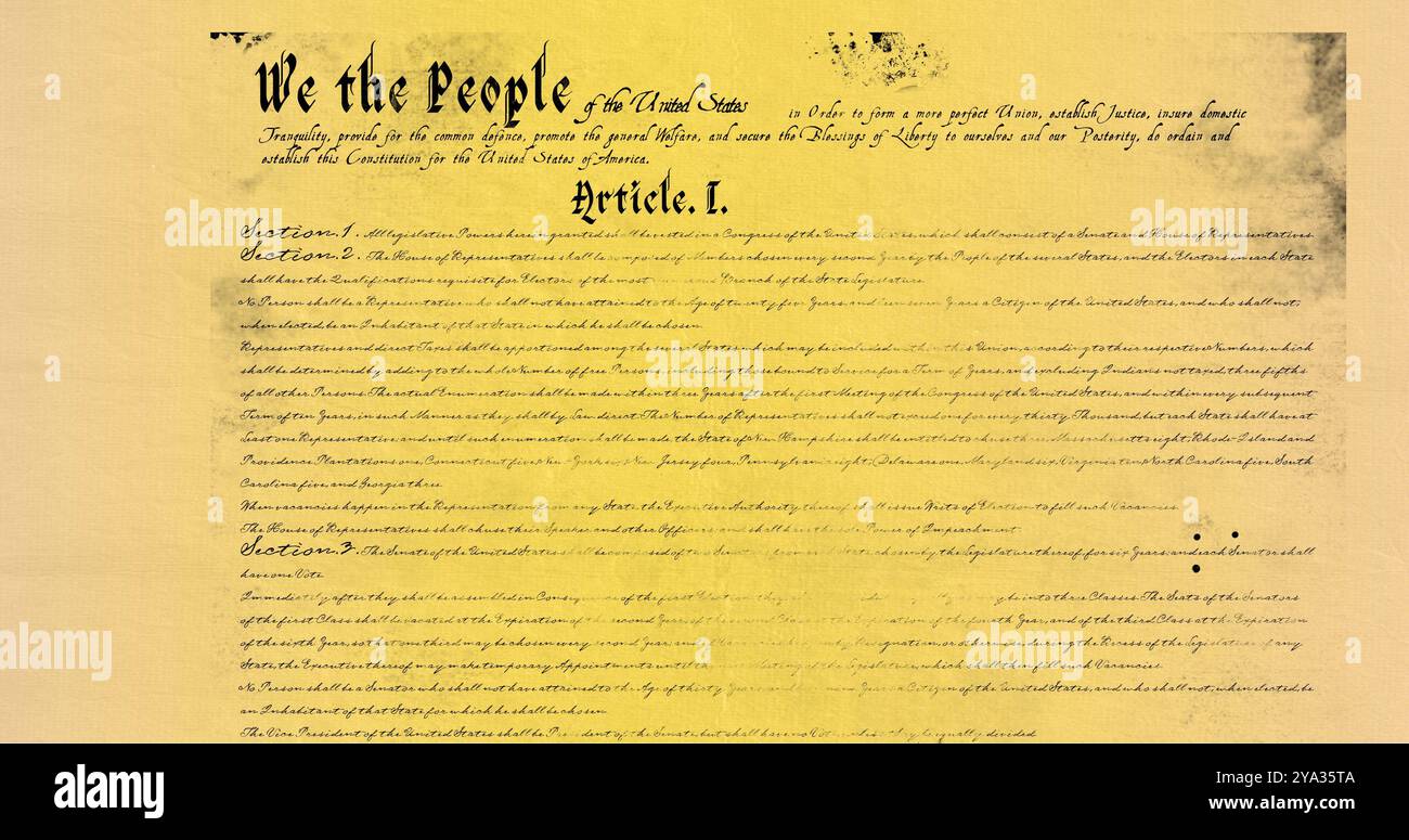Digital image of written constitution of the United States moving in ...
