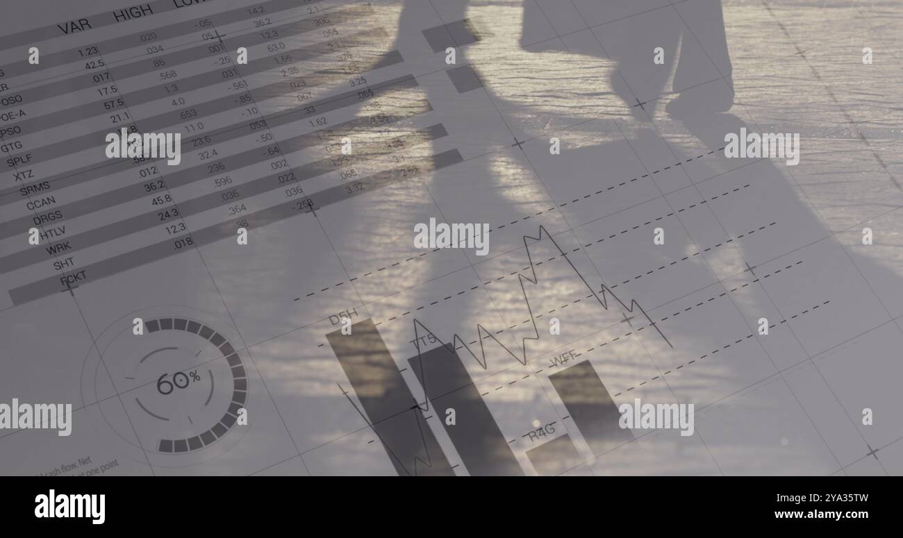 Image of fast walking people with financial data and graphs in the ...