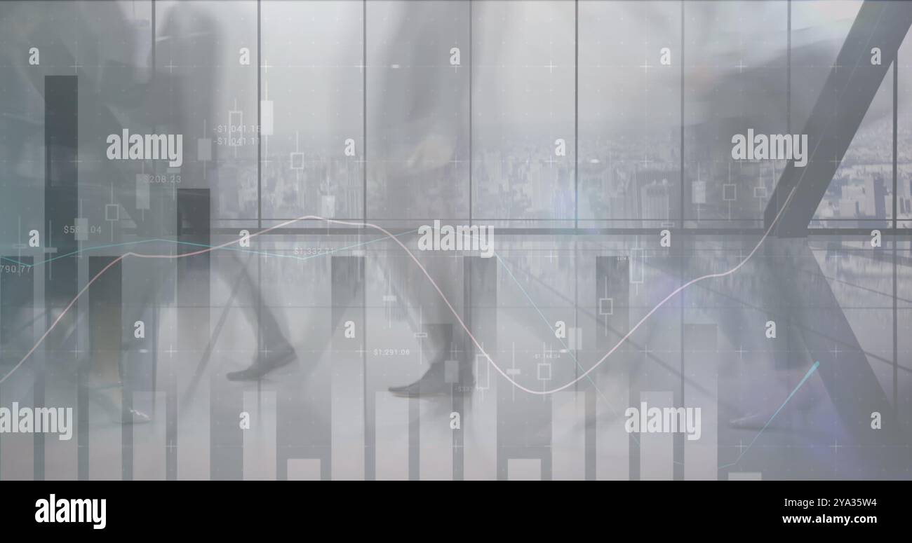 Image of fast walking people with financial data and graphs in the ...