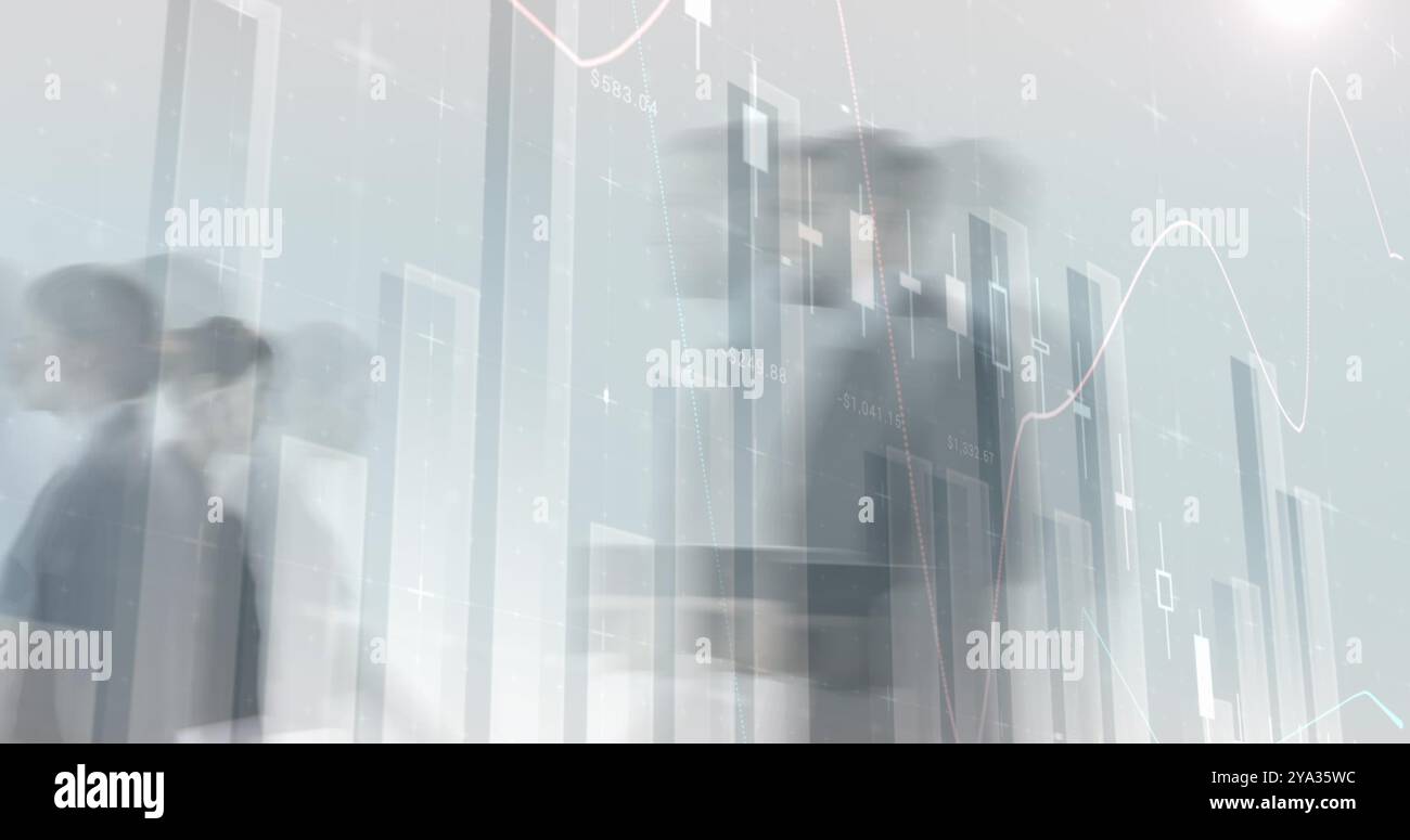 Image of fast walking people with financial data and graphs in the ...