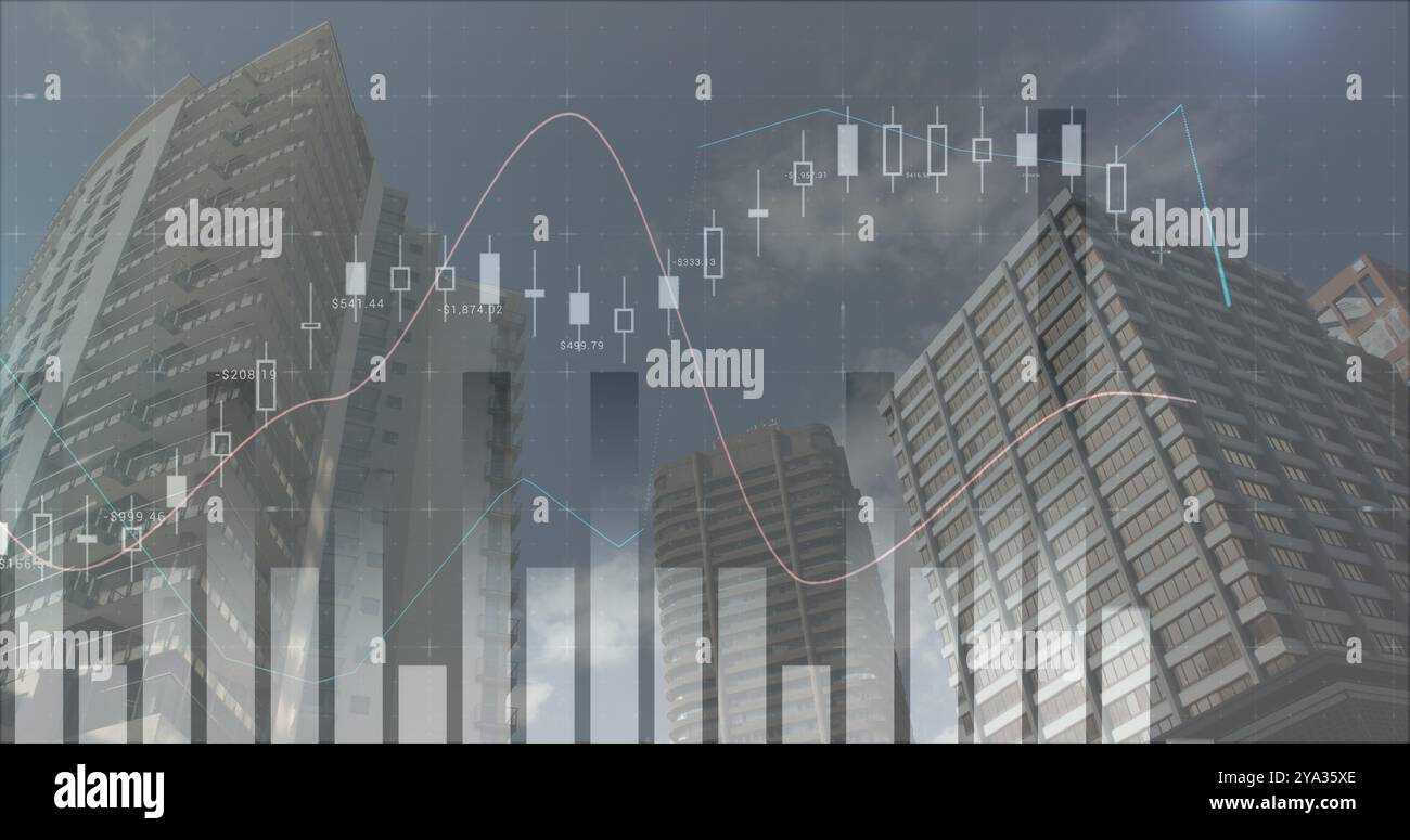 Digital image of graphs moving in the screen with a background of ...