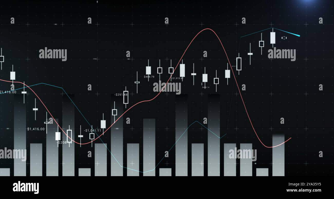 Digital image of different graphs moving in the screen with a dark ...