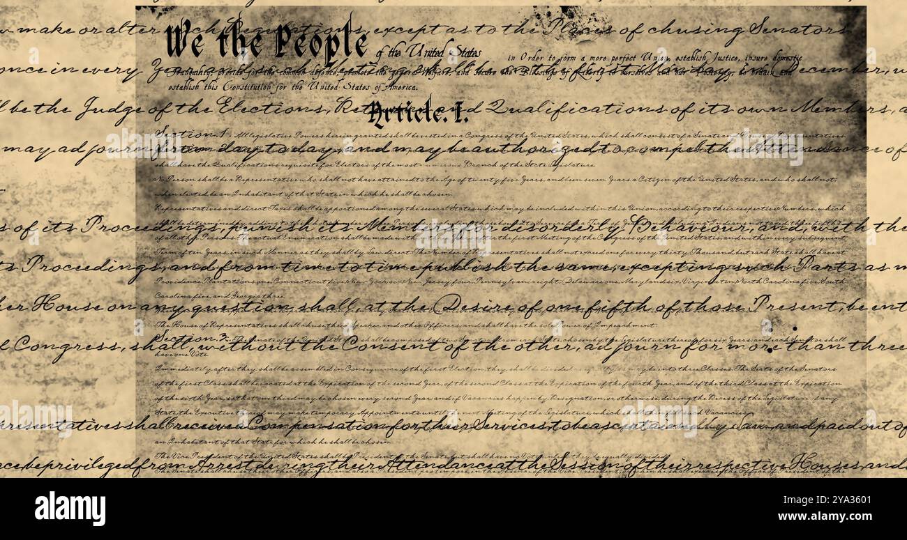 Digital image of written constitution of the United States moving in ...