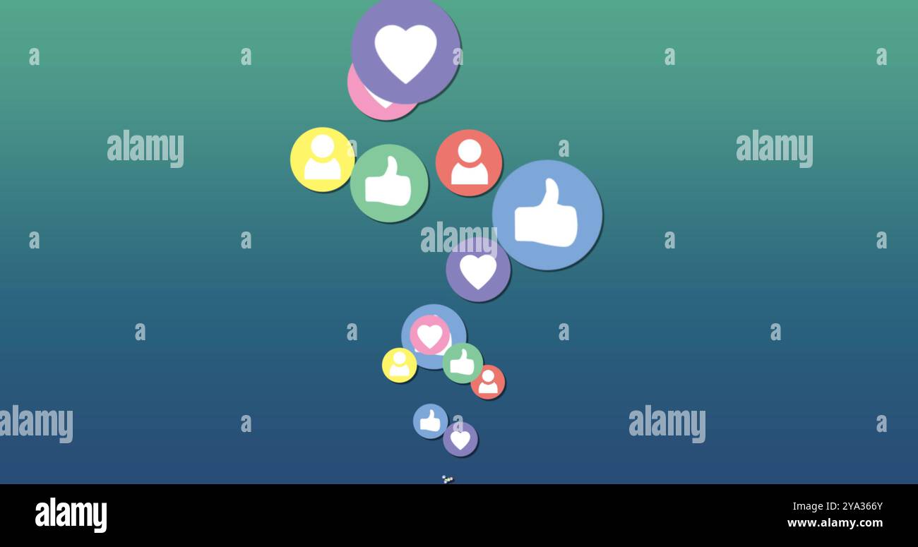 Image of like, heart and follow icon moving on a green gradient ...