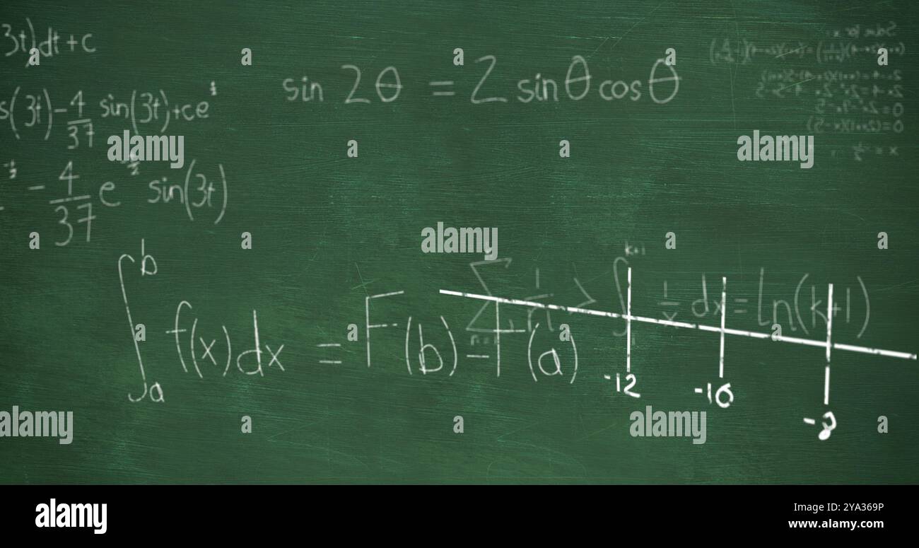 Image of mathematical calculations and equations handwritten in white ...