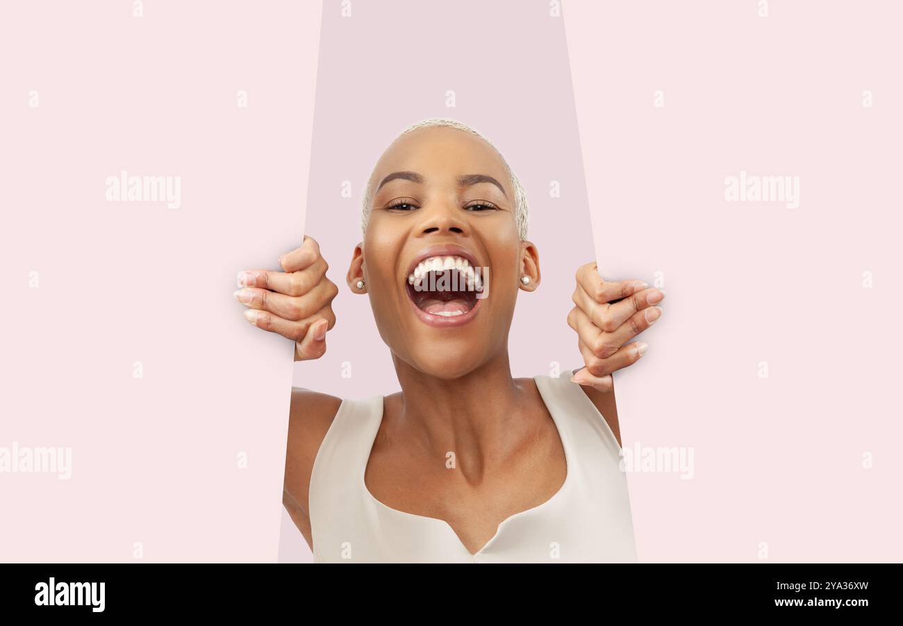 advertisement announce of Smiling woman come out from blank banner with ...