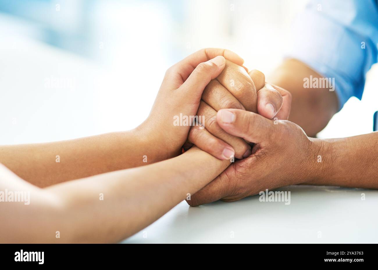 Doctor, people and holding hands for helping in hospital, kindness and ...