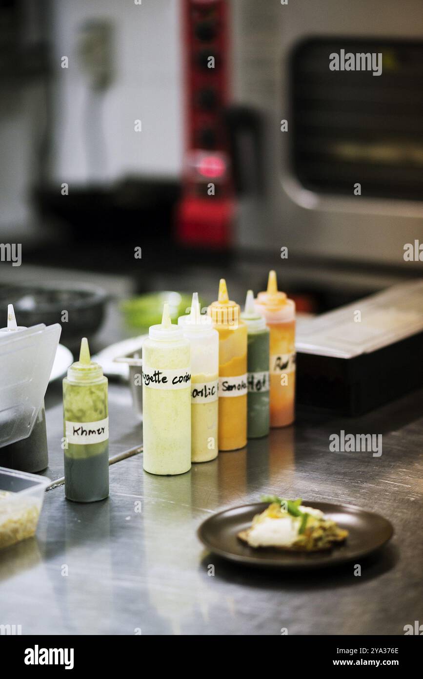Mixed sauces in modern kitchen interior Stock Photo - Alamy