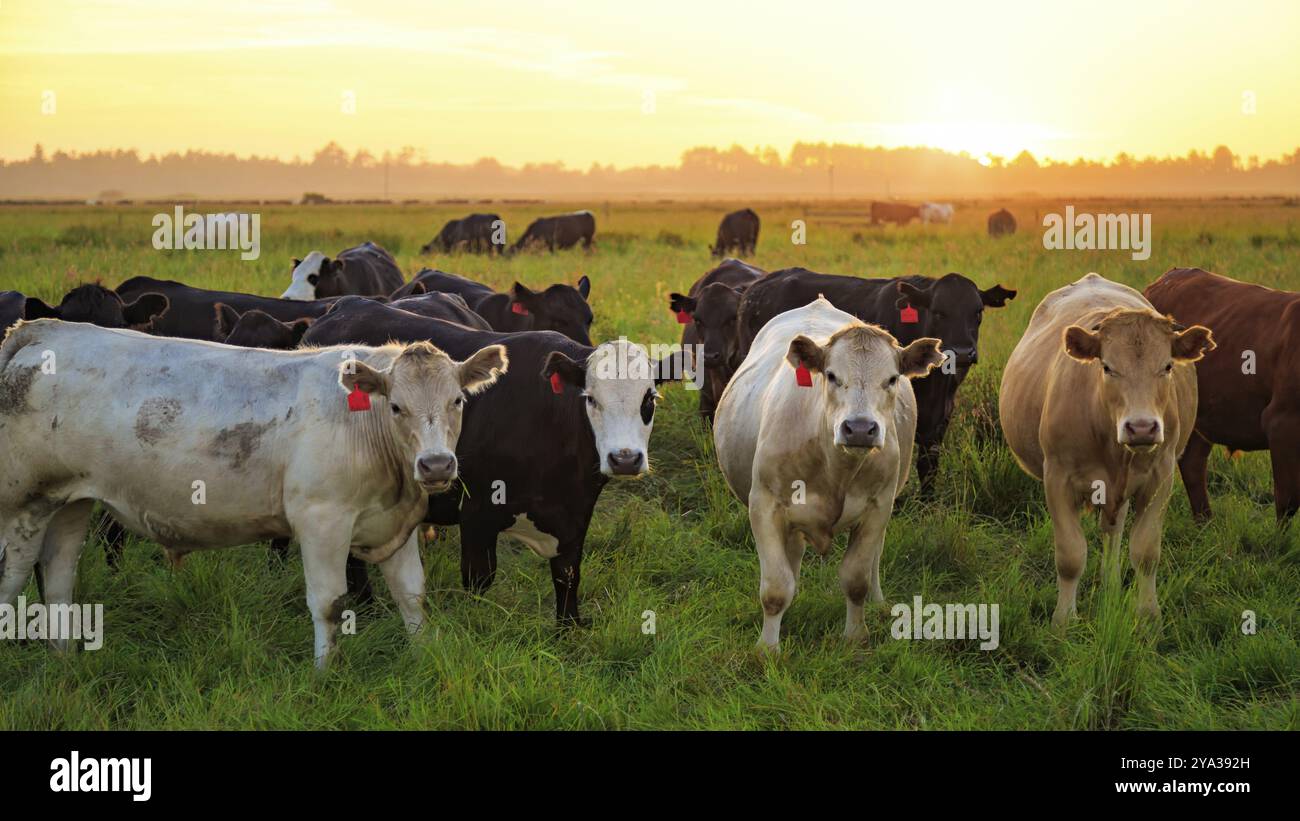 A group of cows look at the camera at sunset Stock Photo - Alamy