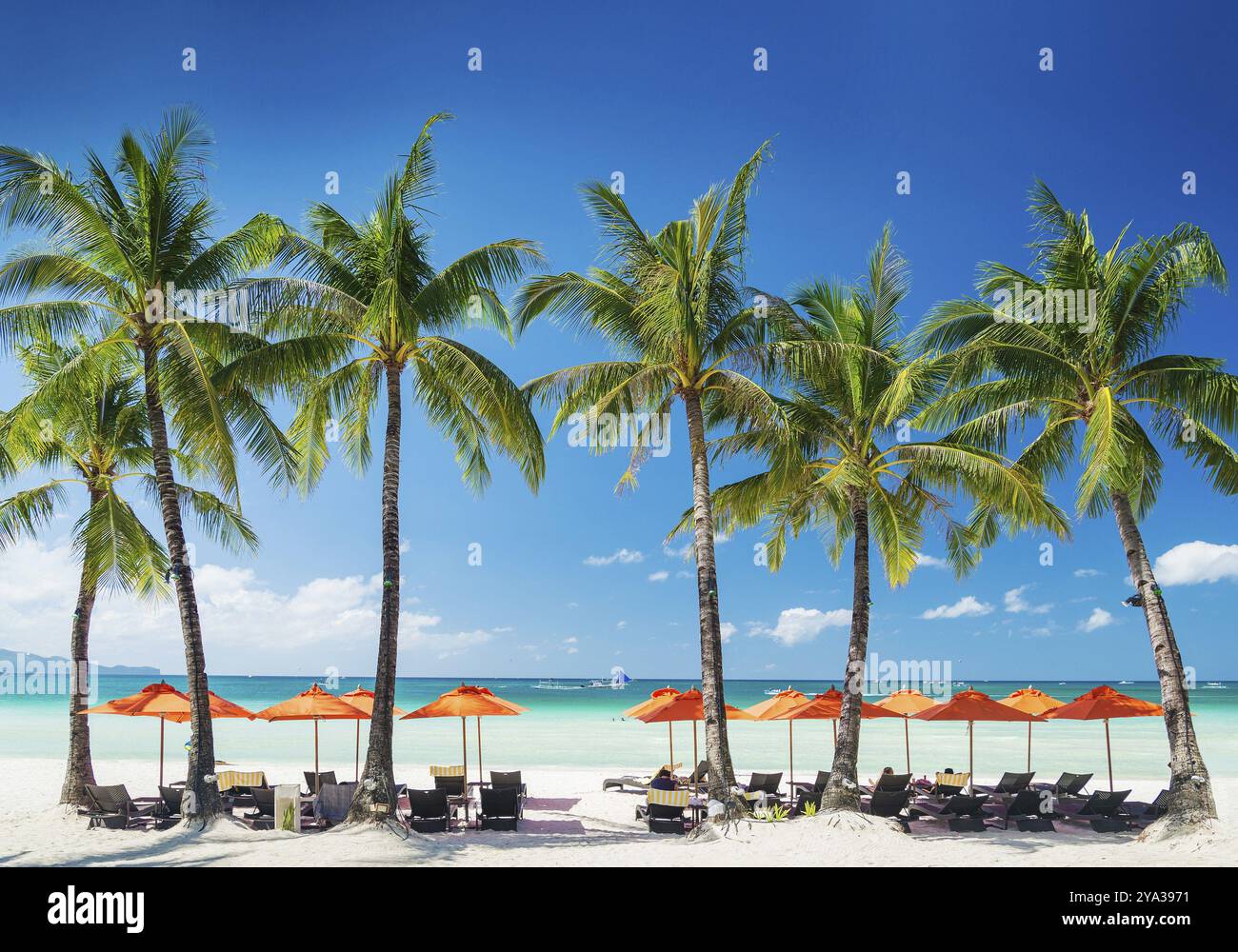 Beach lounge bar loungers chairs and umbrellas on tropical exotic ...