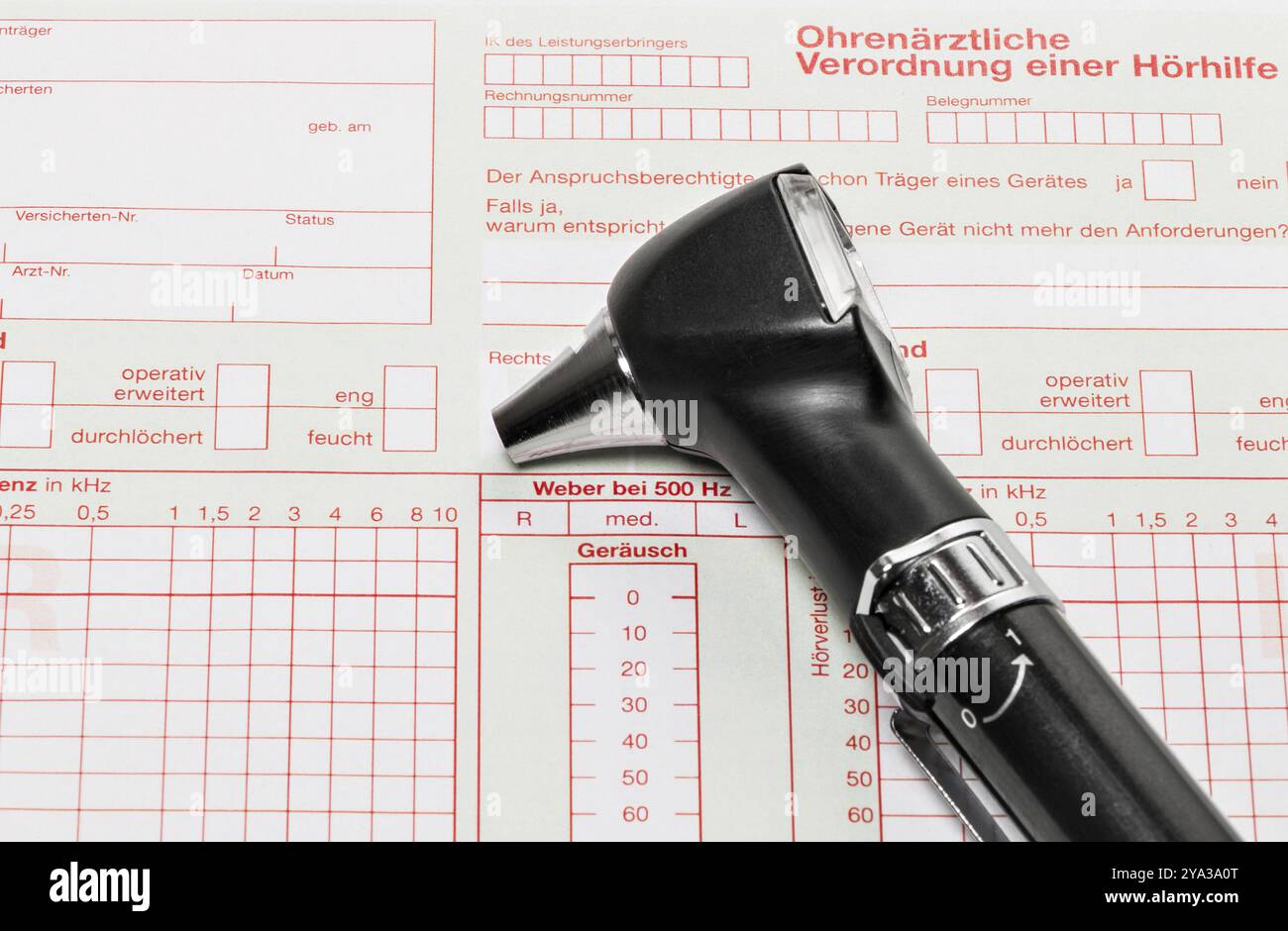 Otoscope for ear diagnosis is on an examination form Stock Photo - Alamy