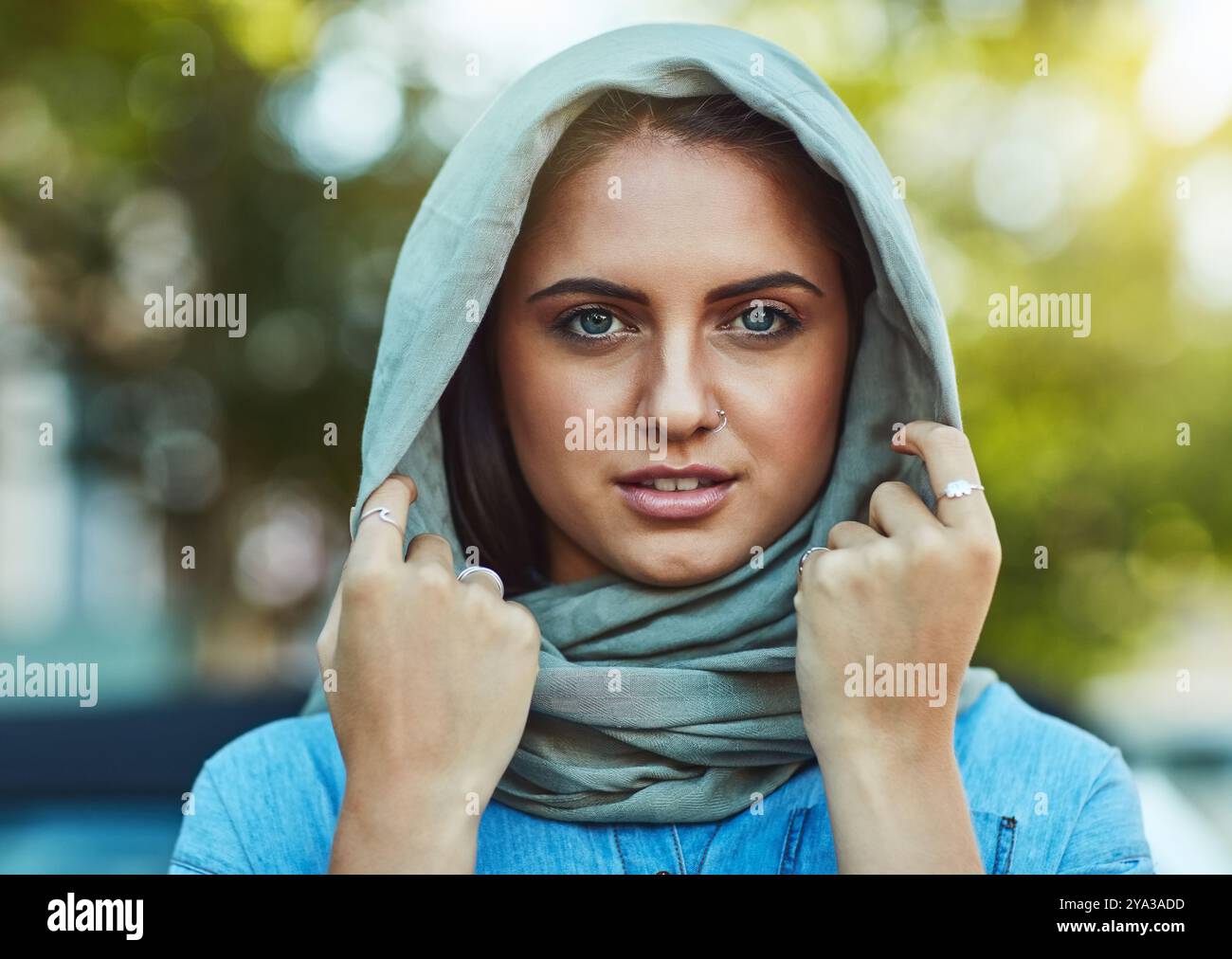Woman, portrait and hijab with fashion in city for islam, tradition or ...