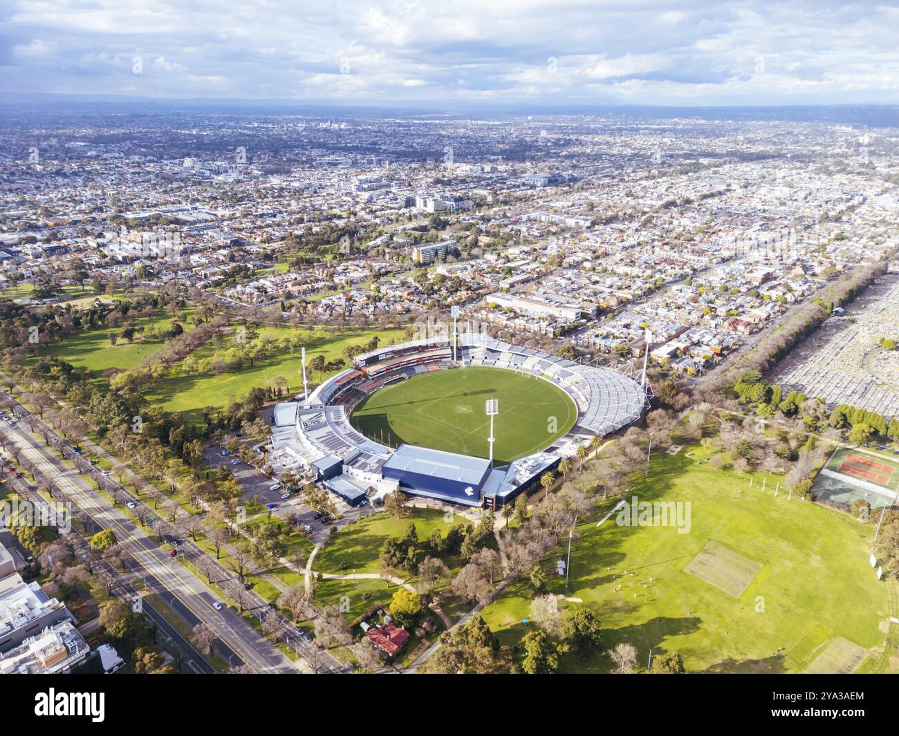 Aerial view of Royal Park and Ikon Stadium of Carlton Football Club on a cool winter's day from ...