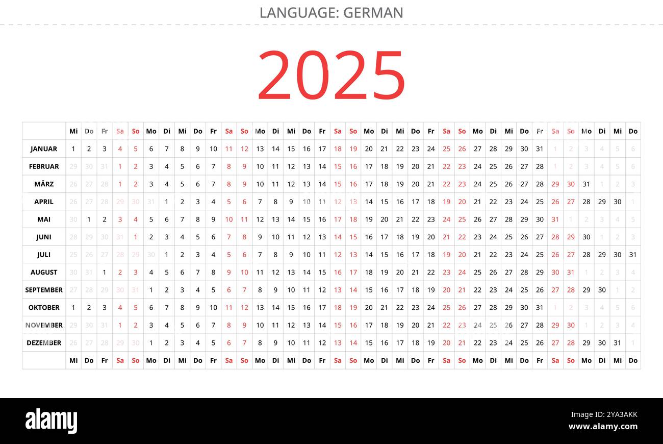 2025 year GERMAN linear calendar - kalender. Vector illustration for ...