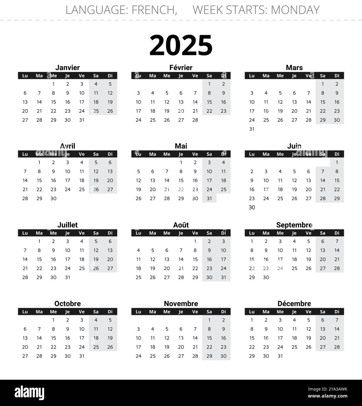 2025 french calendar - calendrier. Editable vector illustration for ...