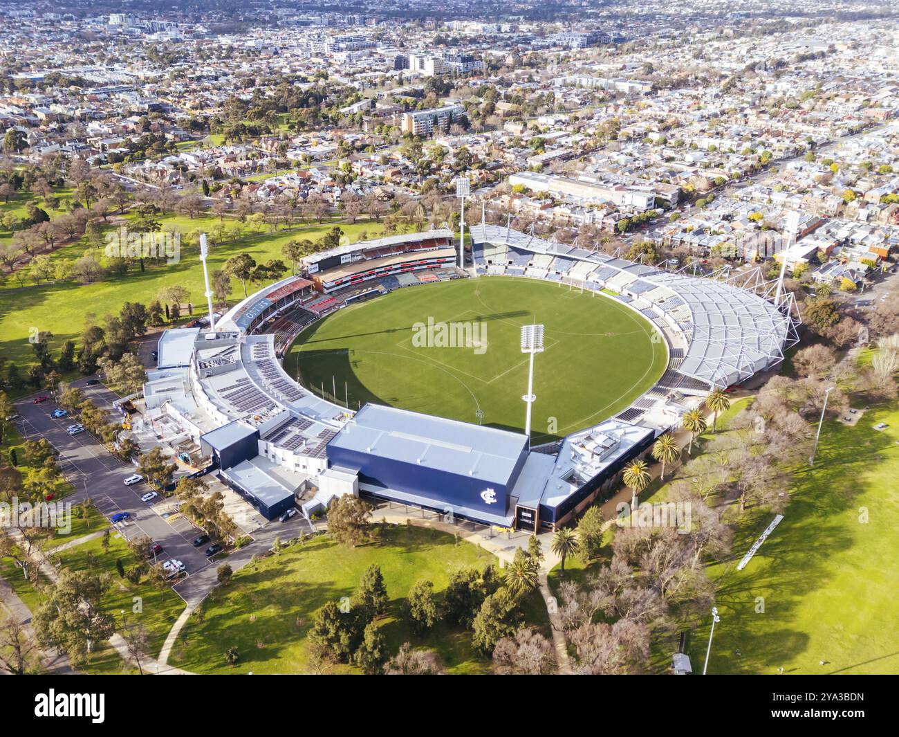 Aerial view of Royal Park and Ikon Stadium of Carlton Football Club on a cool winter's day from ...