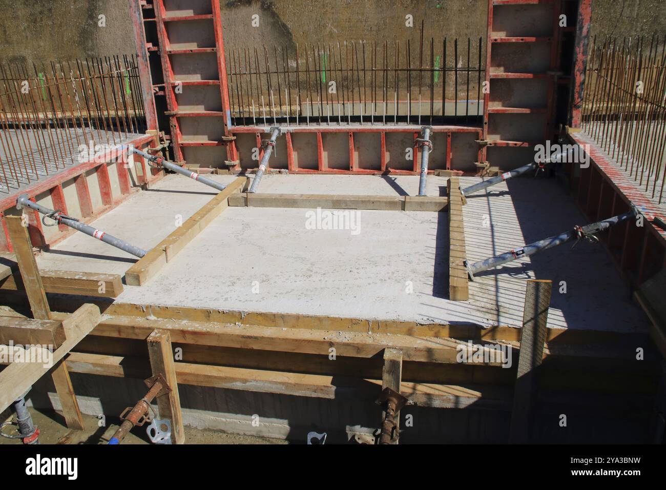 Formwork of a concrete wall was secured against slipping with struts ...