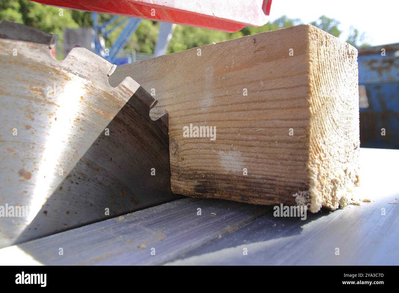 A piece of timber rests against the saw blade of a circular saw Stock ...