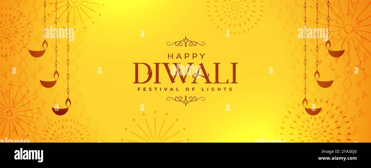 happy diwali greeting 2024 yellow wallpaper with hanging diya vector ...