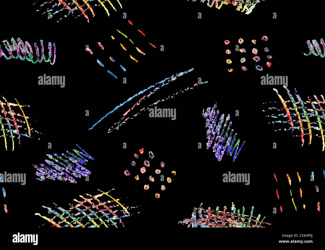 Seamless pattern of colorful naive playful shapes drawing by wax crayon pencil on black ...