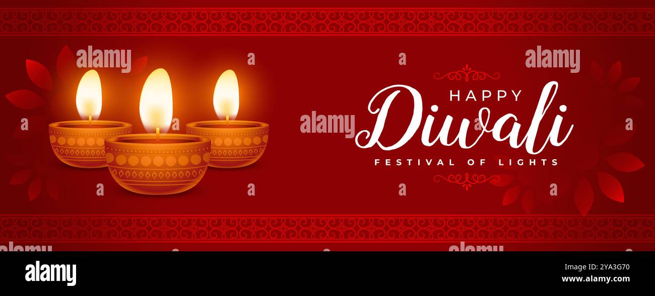 happy diwali wishes 2024 red banner. realistic glowing diya vector ...