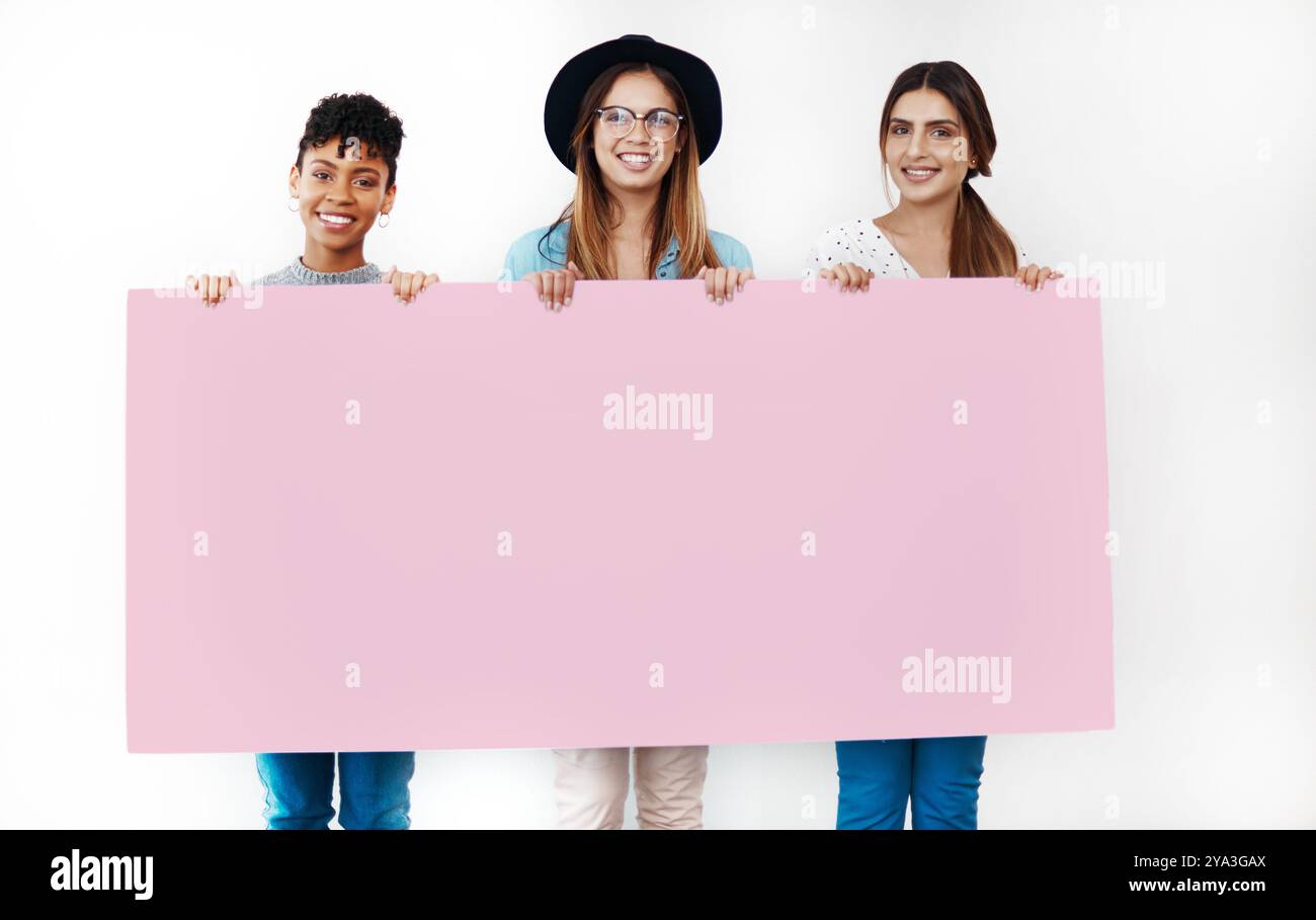 Team, happy women and portrait with poster for advertising, space and ...